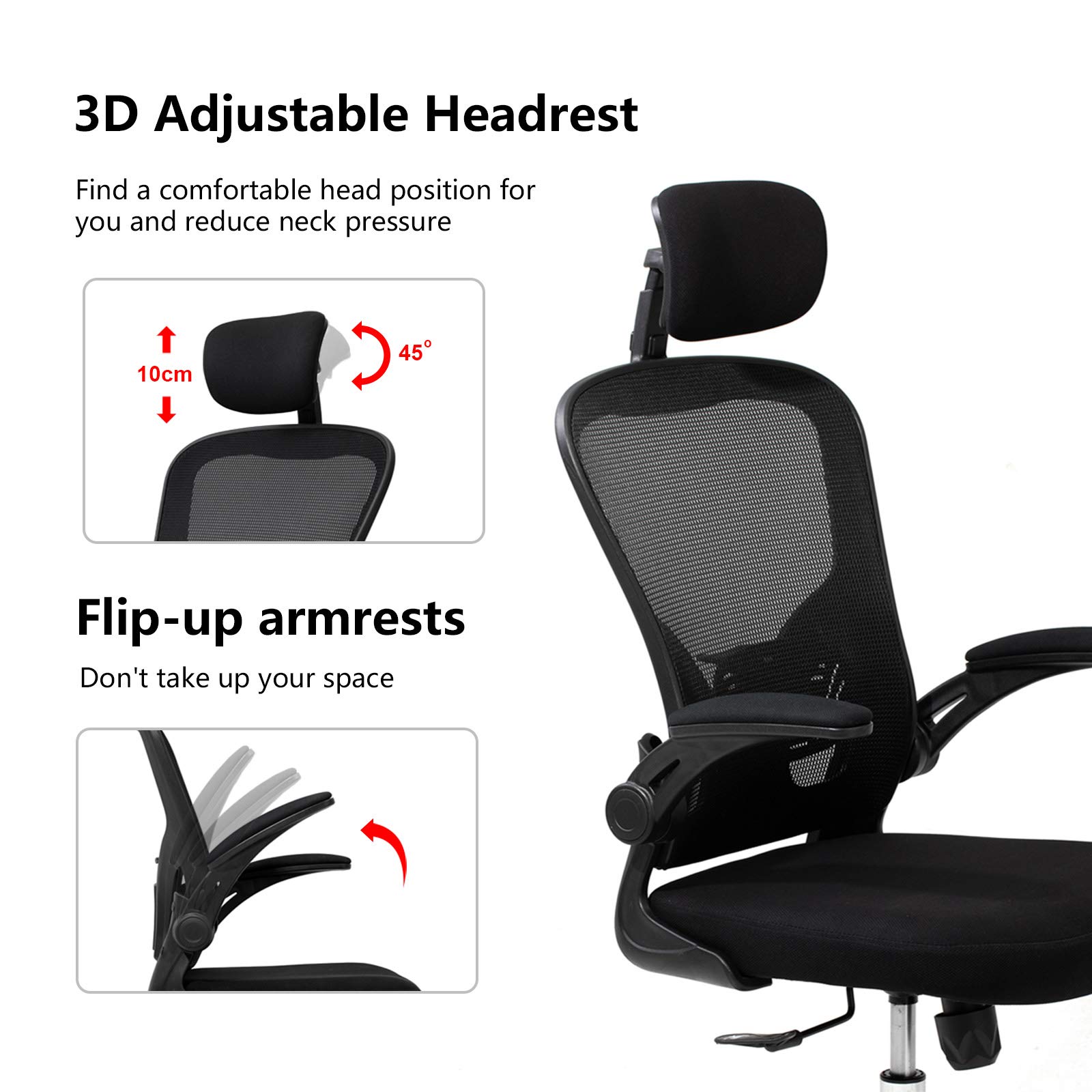 Adjustable Office Chair Ergonomic Mesh Chair High Back Computer Desk Chair with Flip-up armrest and Adjustable Headrest