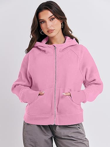 ANRABESS Women's Zip Up Cropped Hoodie Oversized Fall Sweatshirts Y2k Jacket Workout Crop Tops Rib Knitted Casual Long Sleeve Shirts Comfy Clothes A1015fense-M Pink