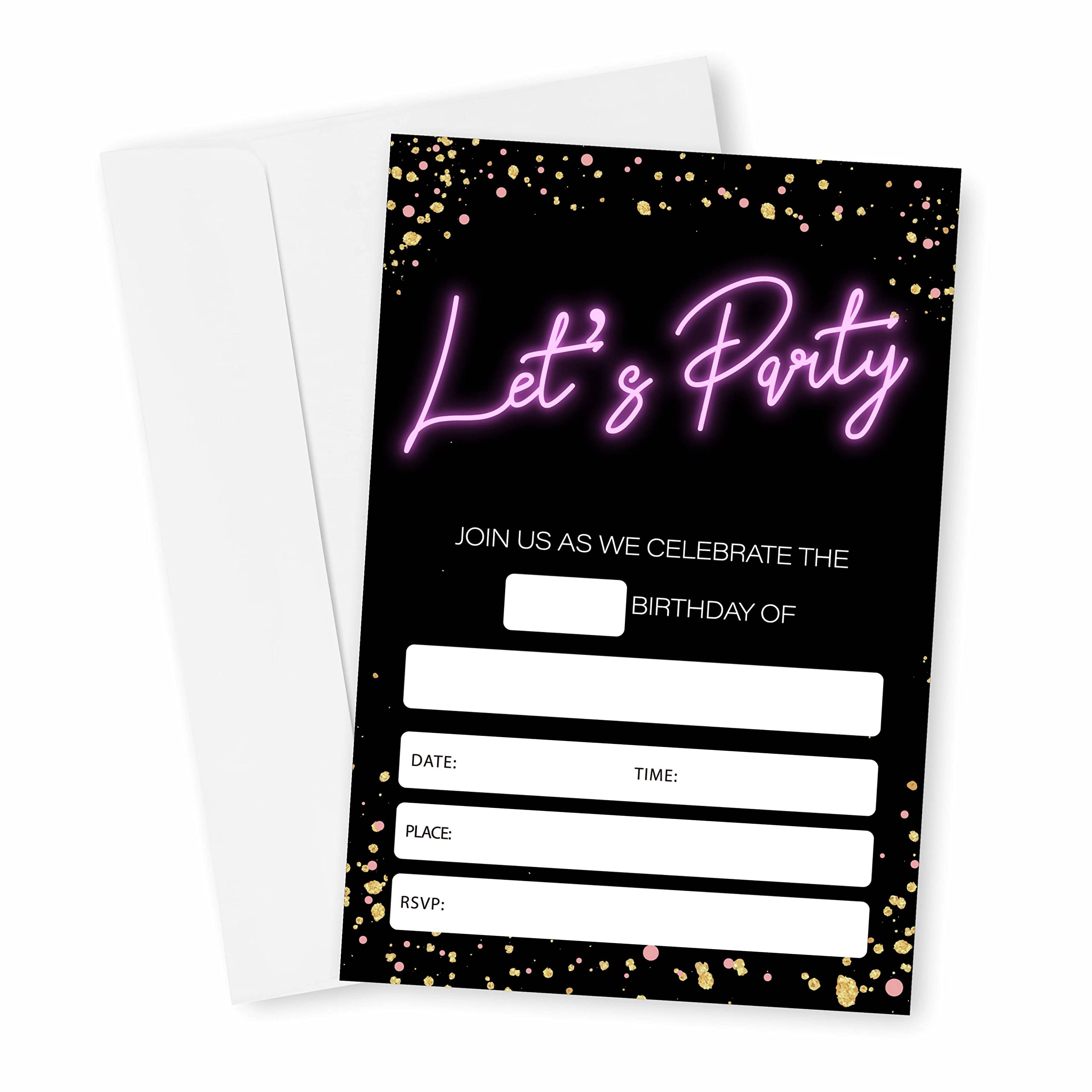 Neon Birthday Invitations, Glow Theme Birthday Party Invites Decorations, Kids Adults Birthday Party and Events Supplies, 20 Fill-in Invites Cards with Matching Envelopes(YQK-024)