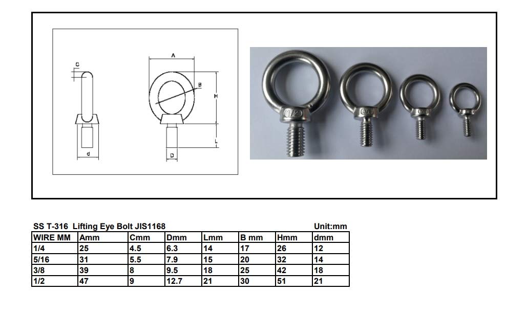 T316 Stainless Steel Lifting Eye Bolt 3/8" UNC (2 PCS)