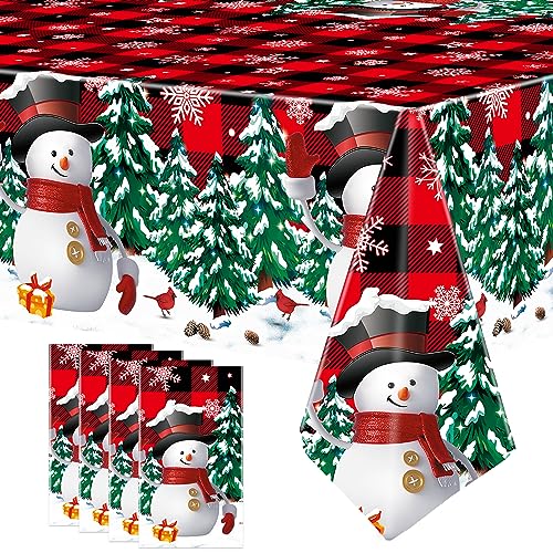 4 PCS Christmas Plastic Tablecloths Snowman Disposable Table Covers Black Red Buffalo Plaid Snowflake Tablecloth Christmas Rectangle Table Cover for Xmas Party Decor Winter Holiday, 54" x 108"