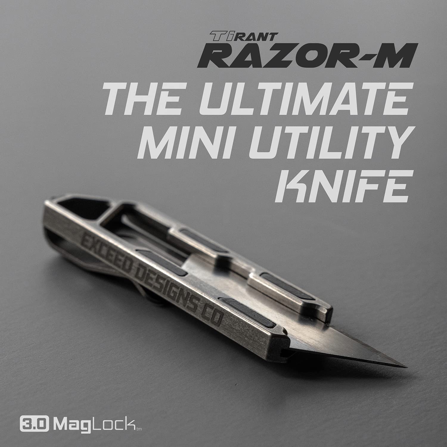 Exceed Designs TIRANT RAZOR-M 3.0 Magnetic Slide (Stonewashed) 6Al-4V Titanium Utility Knife & Pry Bar, EDC Knife, Box Cutter, MADE IN USA (Silver Magnets/NO Clip)