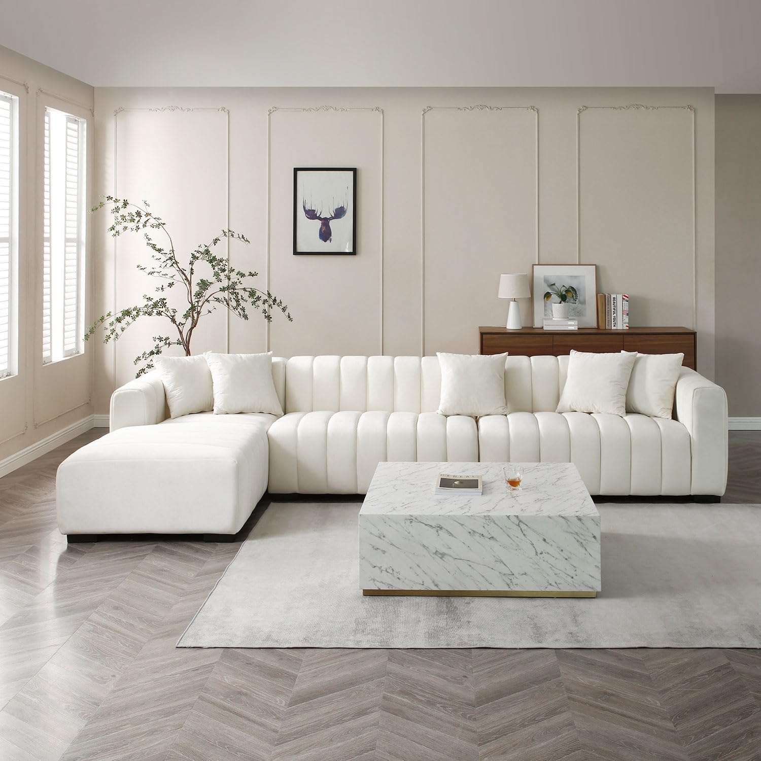 JURMALYN 139" Modern Sectional Sofa for Living Room, Beige L-Shaped Upholstered Couch with Left Chaise, Large Velvet Sofa for Home Office -Beige
