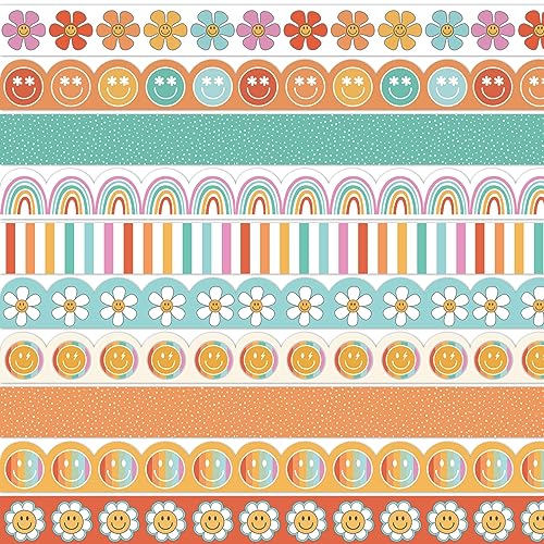 AnyDesign 80Ft Retro Groovy Bulletin Board Borders Boho Flower Rainbow Face Decoration Borders Colorful Groovy Trim Border Boho Bulletin Board Stickers for School Classroom Office Decor