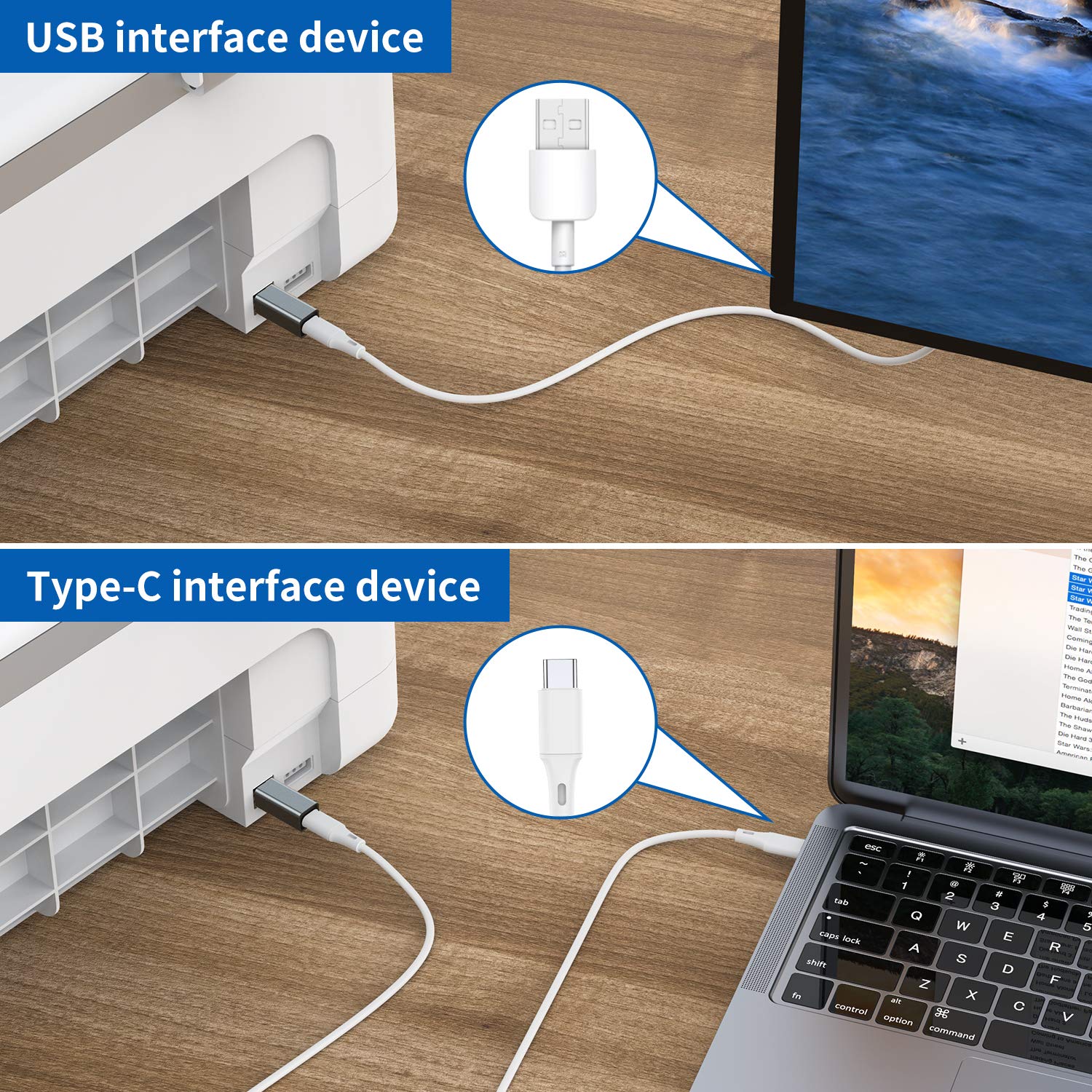 USB C Female to Printer Male Adapter (2-Pack), USB Type C to USB B Convert Connector Support Data Sync Compatible with Brother HP Canon Lexmark Epson Dell Xerox Samsung etc and Piano DAC (Grey)