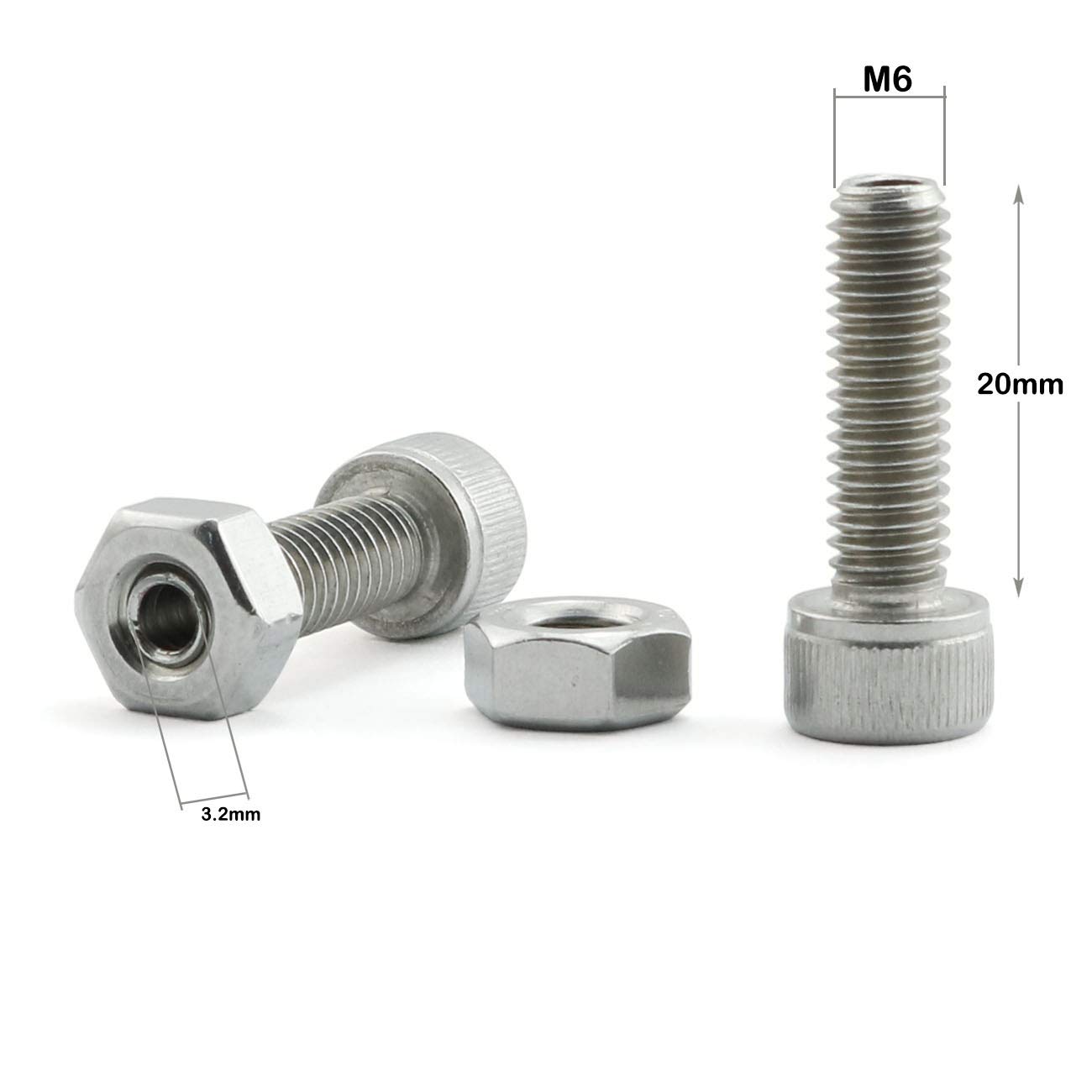 PZRT 2pcs Cylindrical Hollow Hexagon Socket Screw 304 Stainless Steel Lamp Threading Screws Through Hole Bolt with Hex Nut M6x20mm