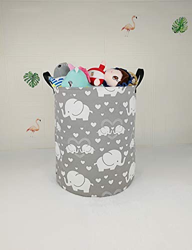 DUYIY 19.7 Inch Round Big Size Canvas Storage Basket with Handle Large Organizer Bins for Dirty Laundry Hamper Baby Toys Nursery Kids Clothes Gift Basket (heart elephant)