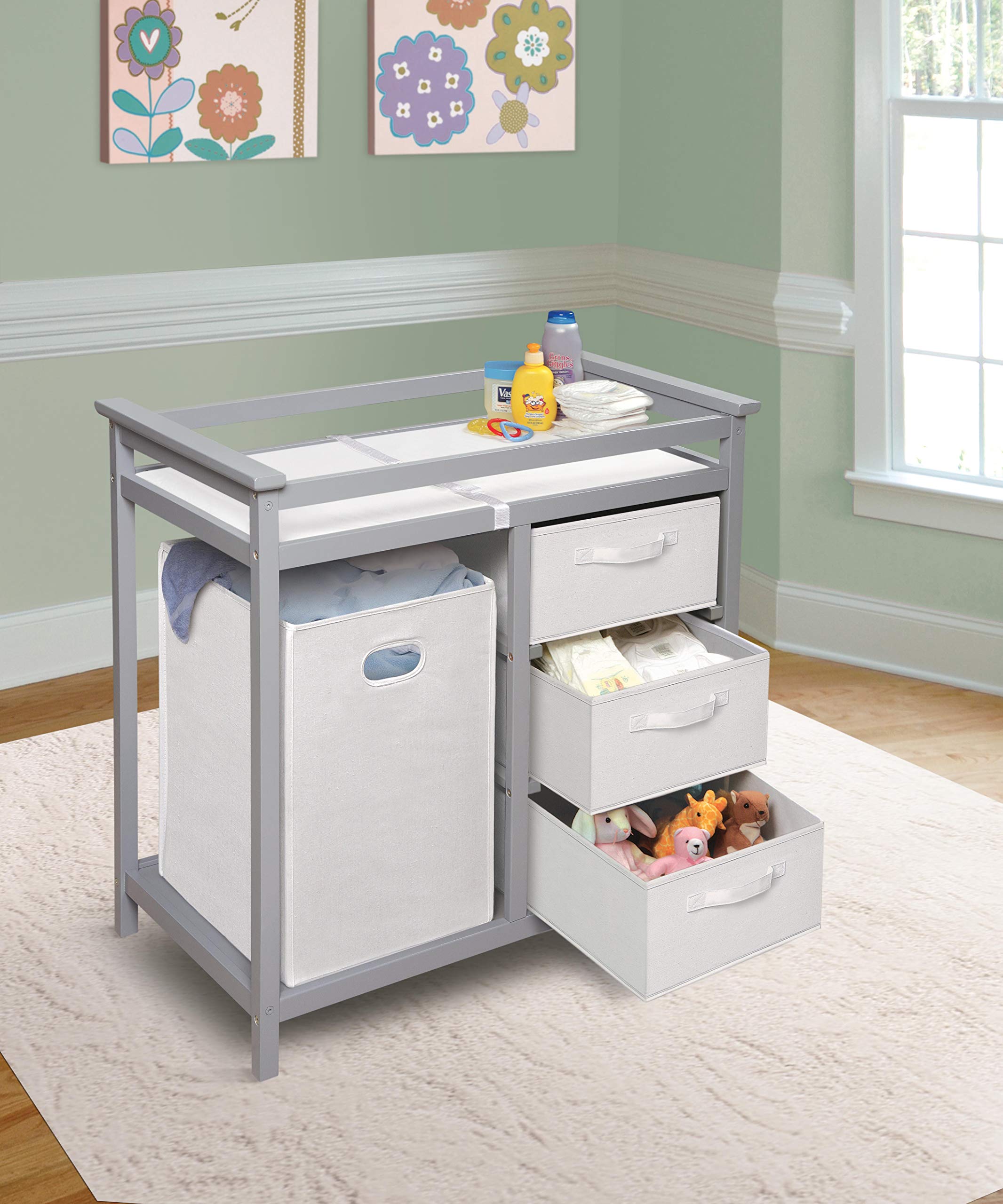 Badger Basket Modern Baby Changing Table with Laundry Hamper, 3 Storage Drawers and Pad, Diaper Change Station - Gray/White