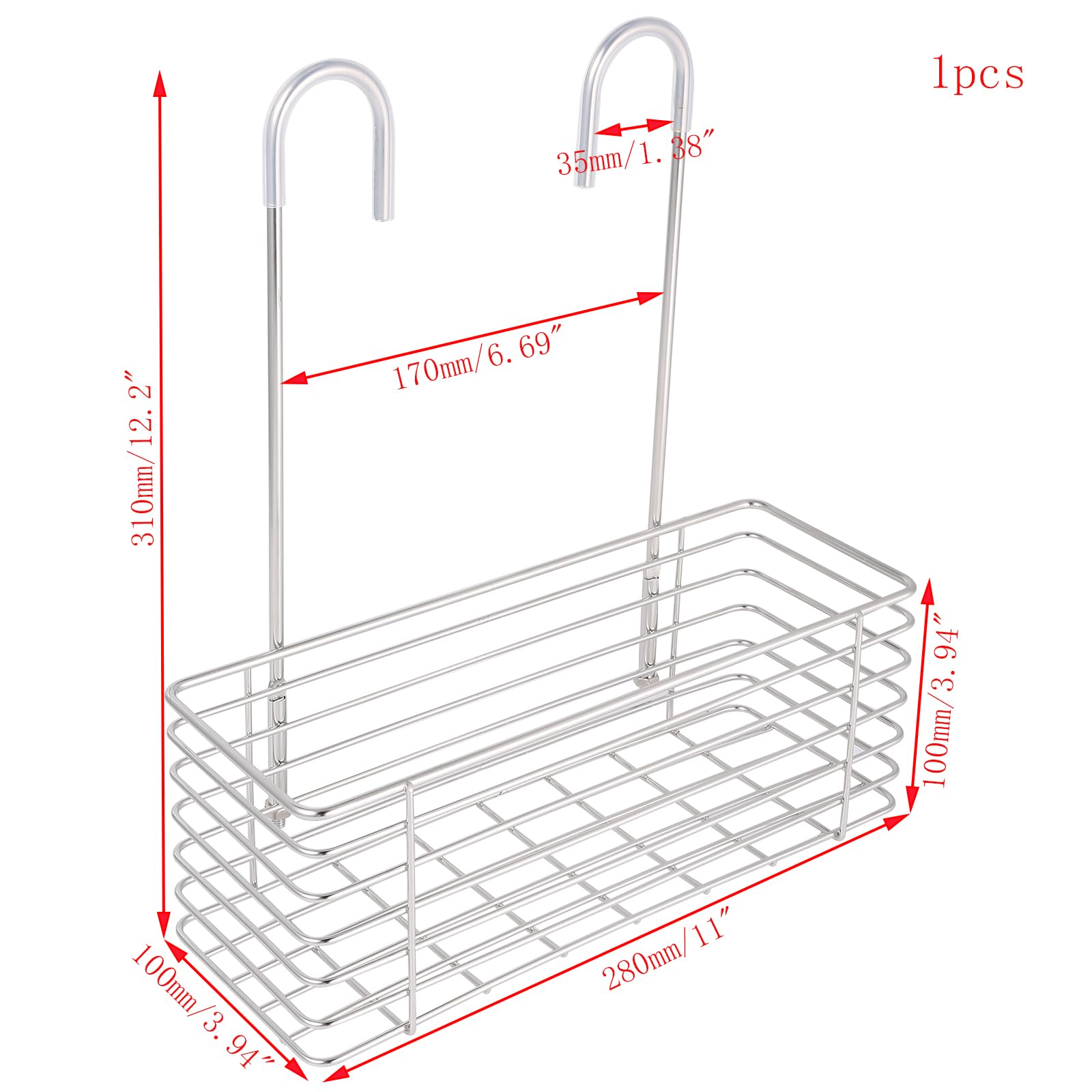 Mewutal Hanging Shower Basket 304 Stainless Steel Bathroom Storage Rack Movable Shampoo Bracket Single Layer Shelf with Rotatable Hooks, for Bath Ball Soap Towel Face Wash (310×280×100mm/12×11"×4")