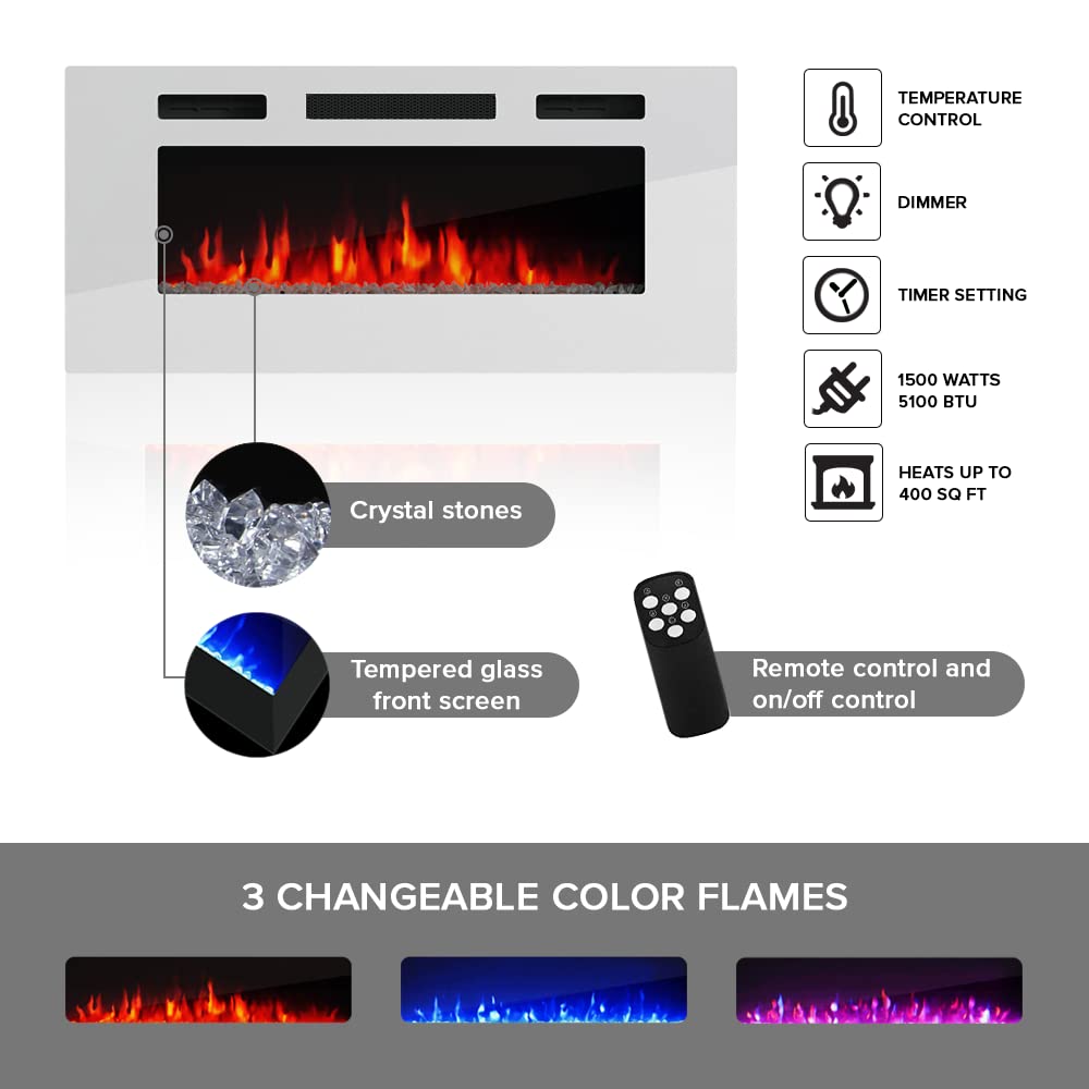 40" Electric Fireplace Recessed Wall Mounted Heater, 1500W/5100BTU (White)