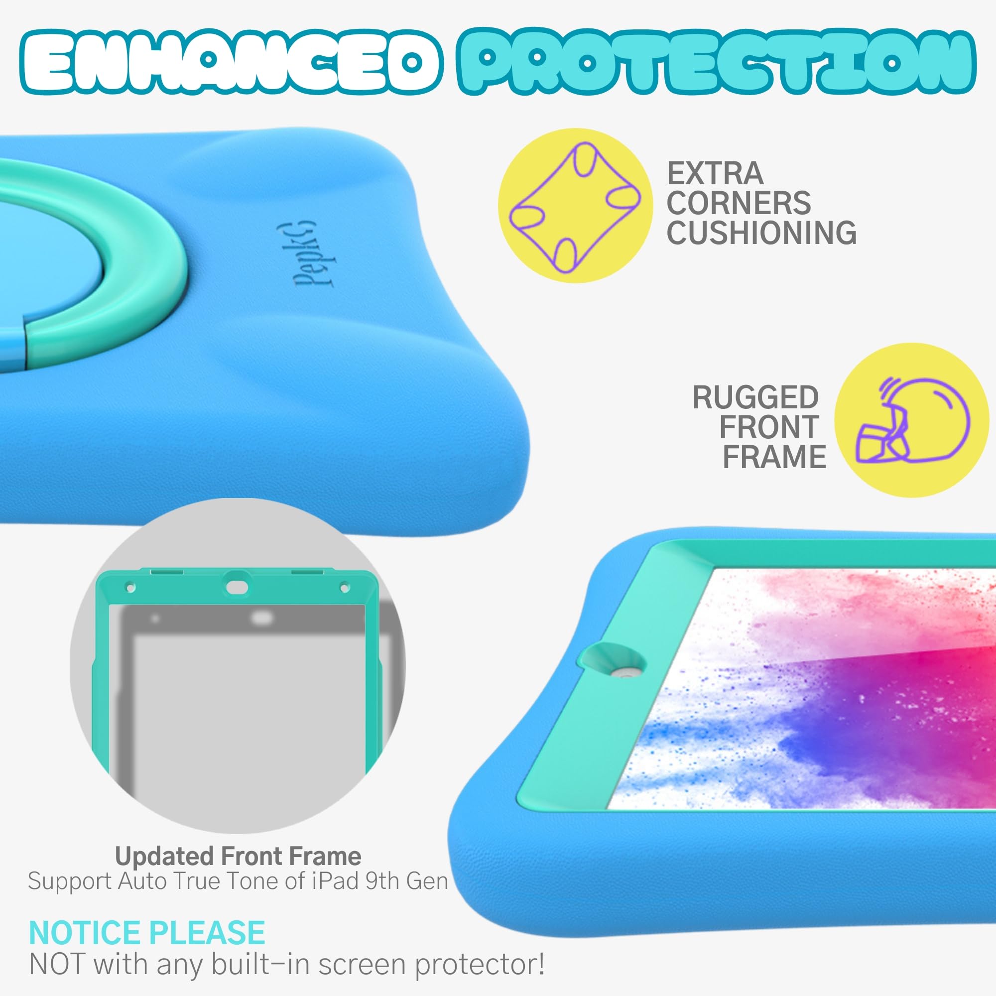 PEPKOO Kids Case for Apple iPad 9th 8th 7th Generation 10.2 inch 2021 2020 2019 – Lightweight Flexible Shockproof, Folding Handle Stand, Full Body Boy Girl Cover , Blue Mint