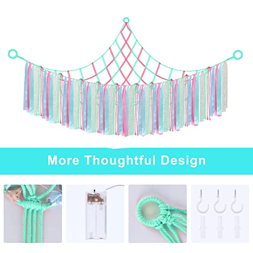 DVUBMO Stuffed Animal Net or Hammock with LED Light, Hanging Corner Net for Stuffed Animals Storage, Stuffed Animal Hammock Holder with Tassels for Nursery Play Room Kids Bedroom (Green+Pink)
