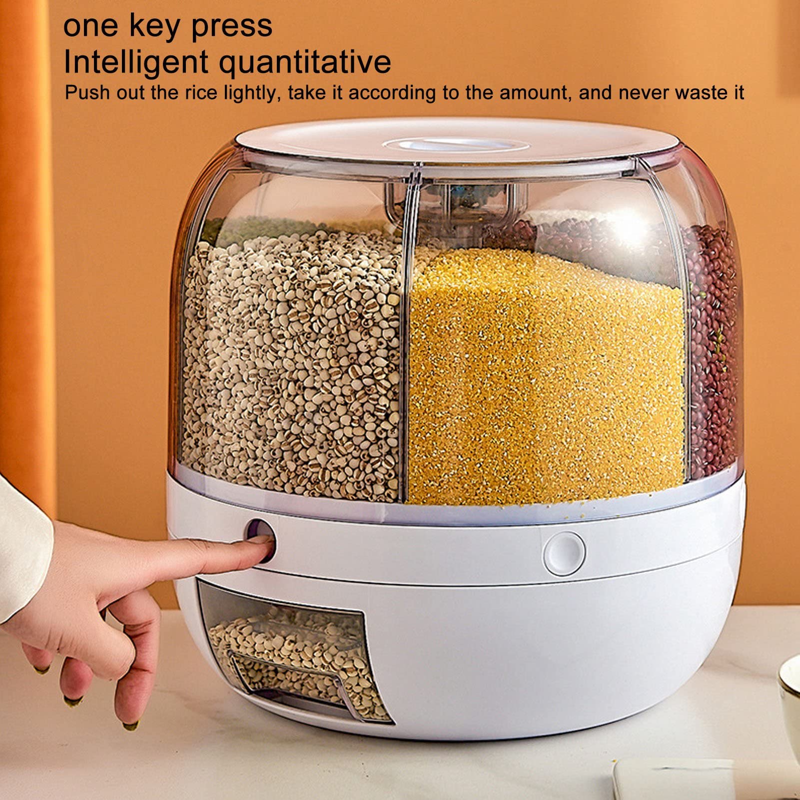 6 Grid Rice & Grain Storage Container, 360° Rotating Dry Food Dispenser Grain Food Storage Box Rice Bucket with Lid Moisture Resistant Household for Home Kitchen (10kg)