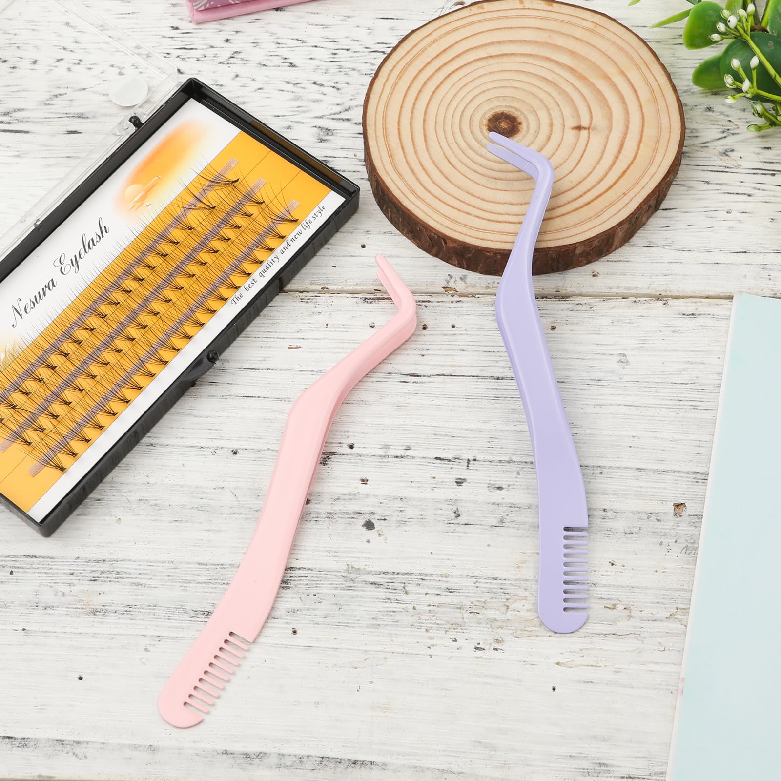 2pcs Eyelash Tweezers Set, Stainless Steel Eyelash Extension Tweezers with Comb False Lash Application Tool for Girls Women Beginners Makeup Artists (Light Purple, Light Pink)