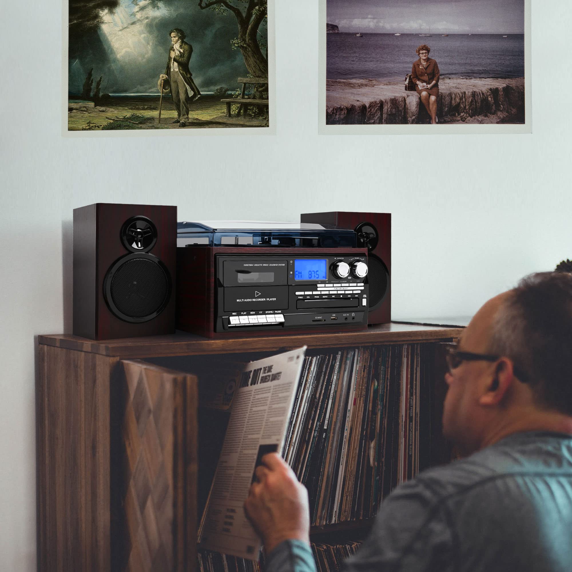 AW Vinyl Record Player with Speakers Turntable for Vinyl Records Stereo System for Home Bluetooth Tape Cassette CD Player Retro All in 1 AM/FM Radio