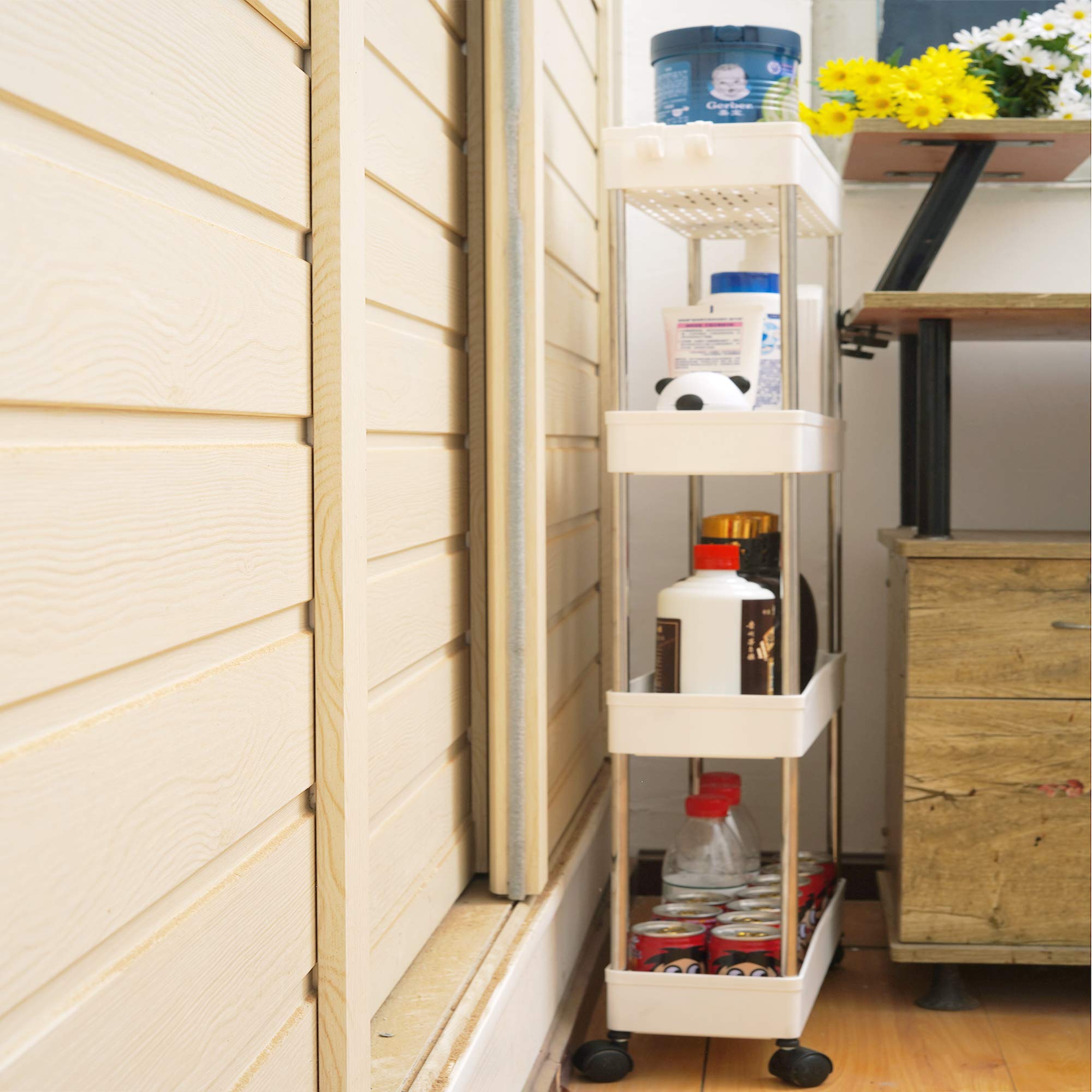 4 Tier Slim Storage Cart, Mobile Narrow Rolling Cart with Wheels, Conveniently Slide Out Organizer Shelf Cart for Kitchen Bathroom Pantry Laundry Narrow Space - Plastic (White)…
