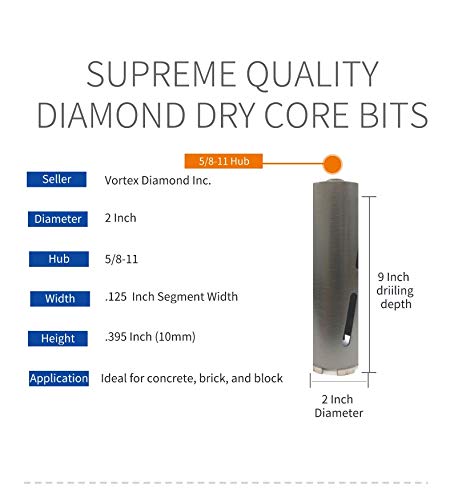 VORTEX DIAMOND WPDB 2 inch Dry Drill Core Bits with Diamond Aligned Segment for Brick Concrete Masonry 5/8 in -11 Threaded (2 in ), Black