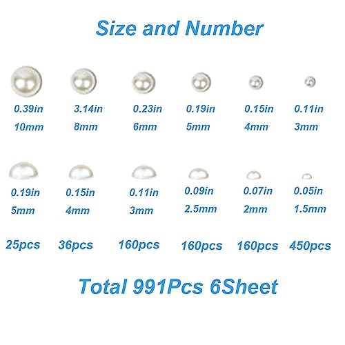 KoZiHog 990 Pcs Self Adhesive Pearl Stickers,Peals Gems for Hair, Makeup, Face Eye, Nail,DIY Craft Crafts Decor Pearl 6 Sheet, 6 Size