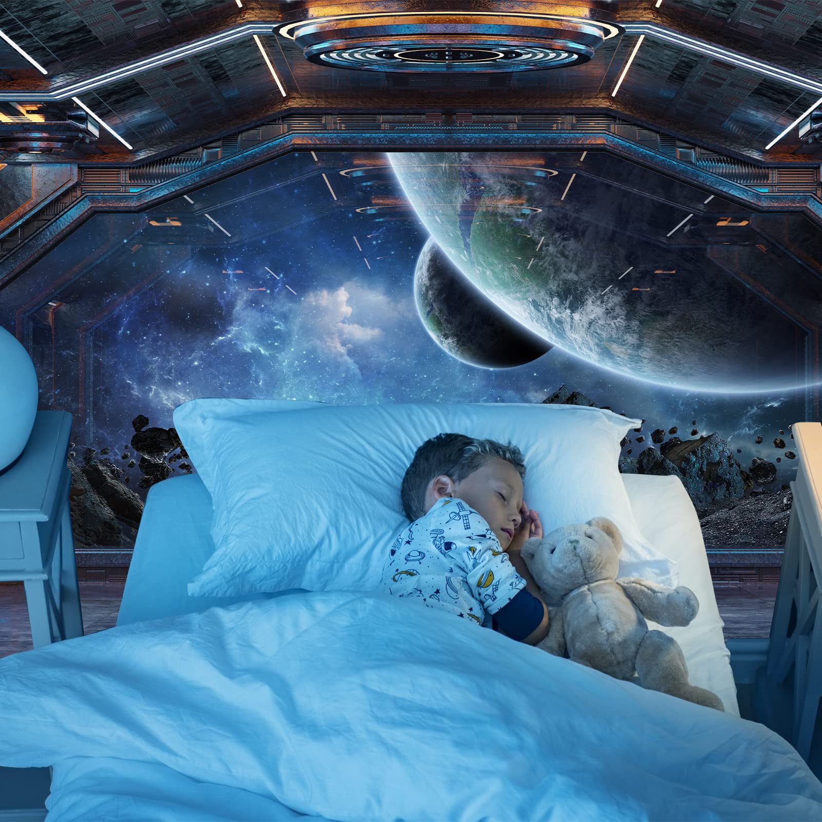 79x40 Inch Large Spaceship Wall Decal Outer Space Views from The Spaceship Removable Self-Adhesive Large Spaceship Wallpaper for Kids Bedroom Living Room Decor
