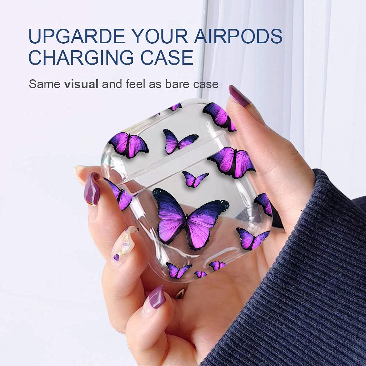 Maxjoy for AirPods Case Cover, Clear AirPod Case for Women Girly Cute Soft Protective Transparent iPod Case with Keychain Clip for AirPods 2nd 1st Generation Charging Case 2&1, Purple Butterfly