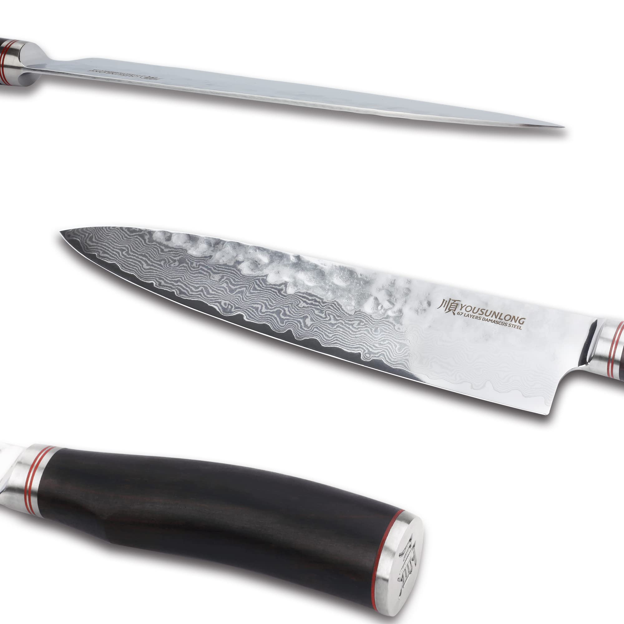 YOUSUNLONG Gyuto 10 inch Pro Chef's Knives Japanese Hammered Damascus Natural Leadwood Handle with Leather Sheath