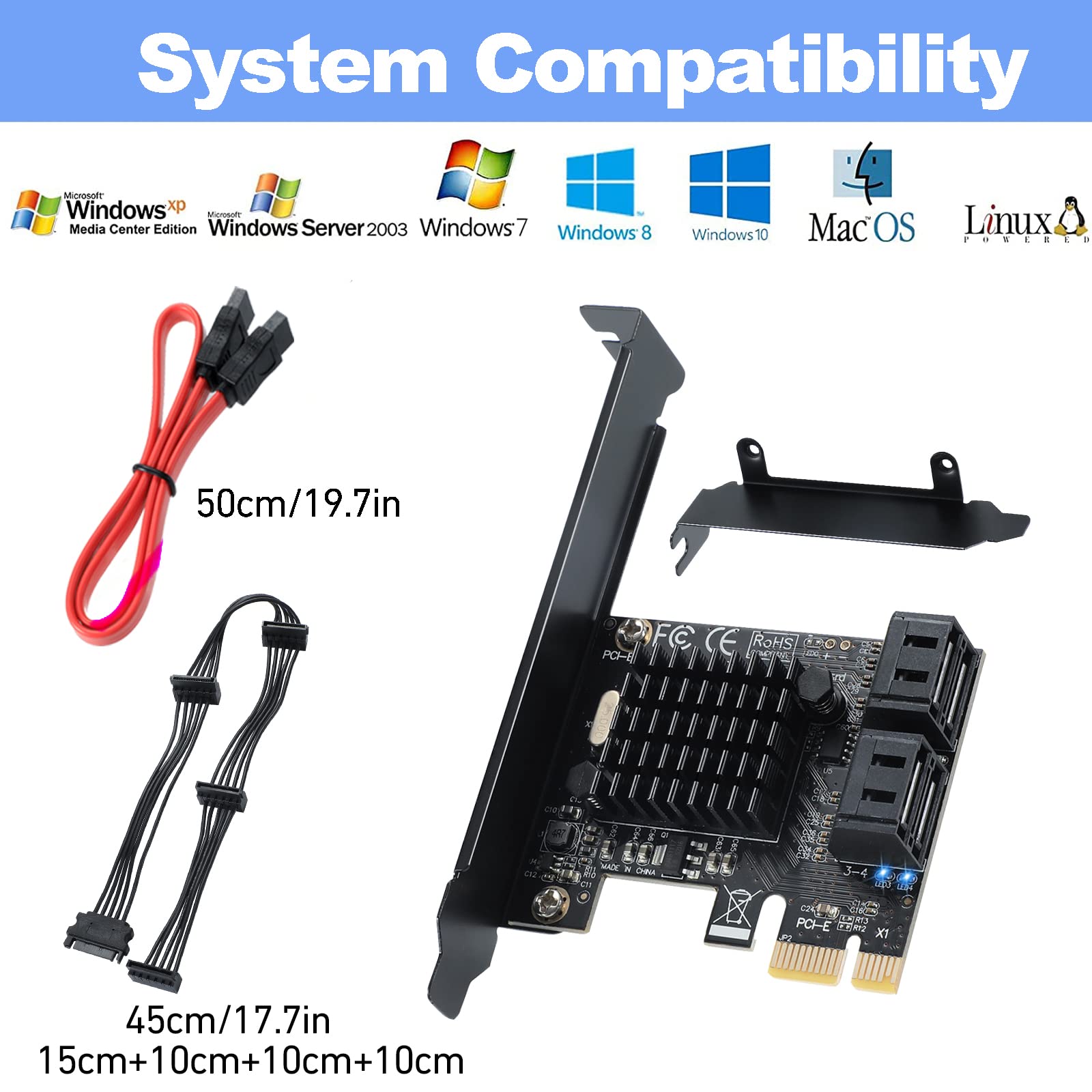 ACTIMED PCI-E X1 to SATA 3.0 Controller Card, 4-Port SATA III 6Gbps Expansion Cards, Supports PCI-Express (1X 4X 8X 16X) Slot, Support SSD and HDD, for Windows10/7/8/XP/Vista/linux