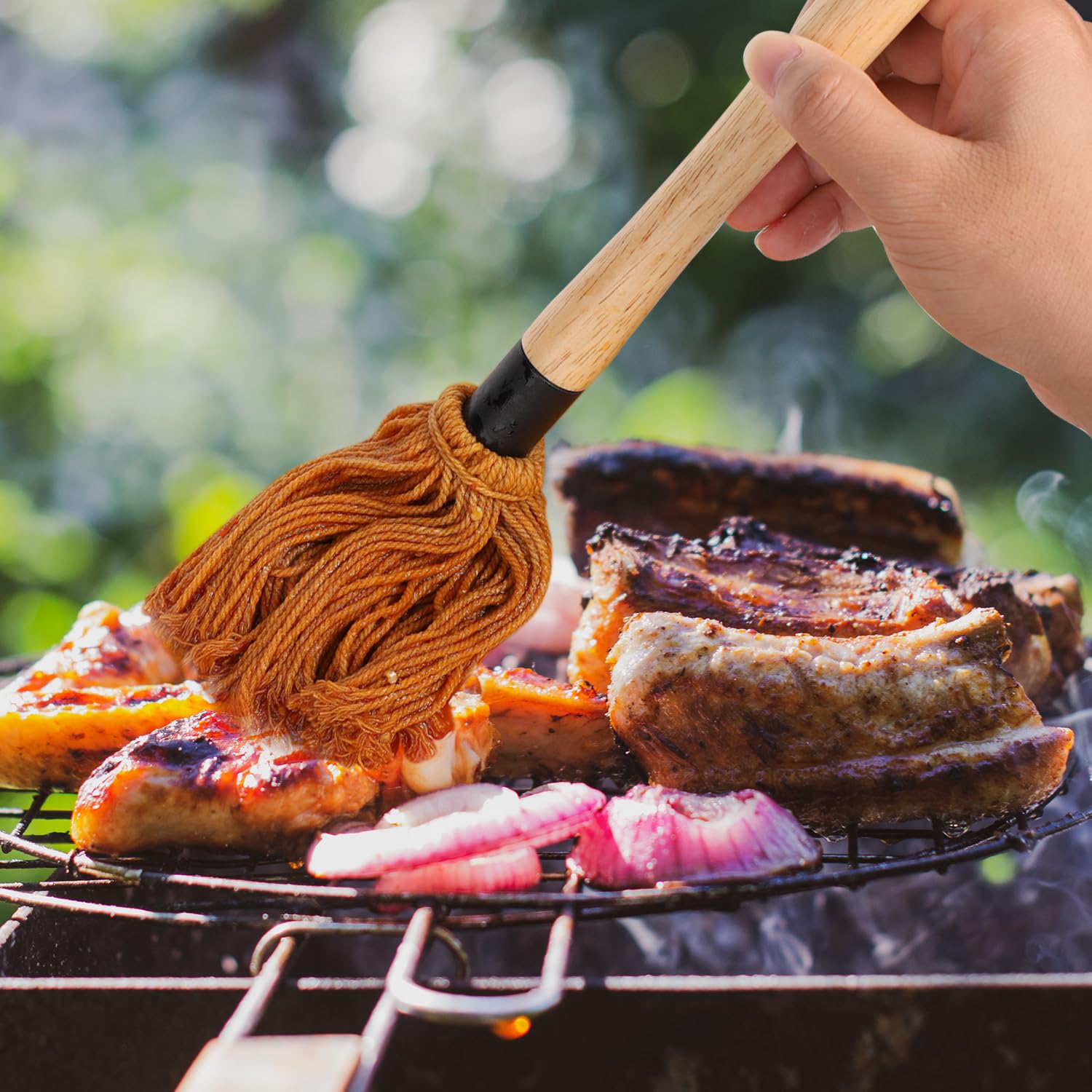 2pcs Grill Basting Mops with 2pcs Extra Replacement Brushes, 18 inch Barbecue Mop Brush BBQ Sauce Basting Mops Oil Brush Basting Mops for Roasting or Grilling, Smoking, Steak