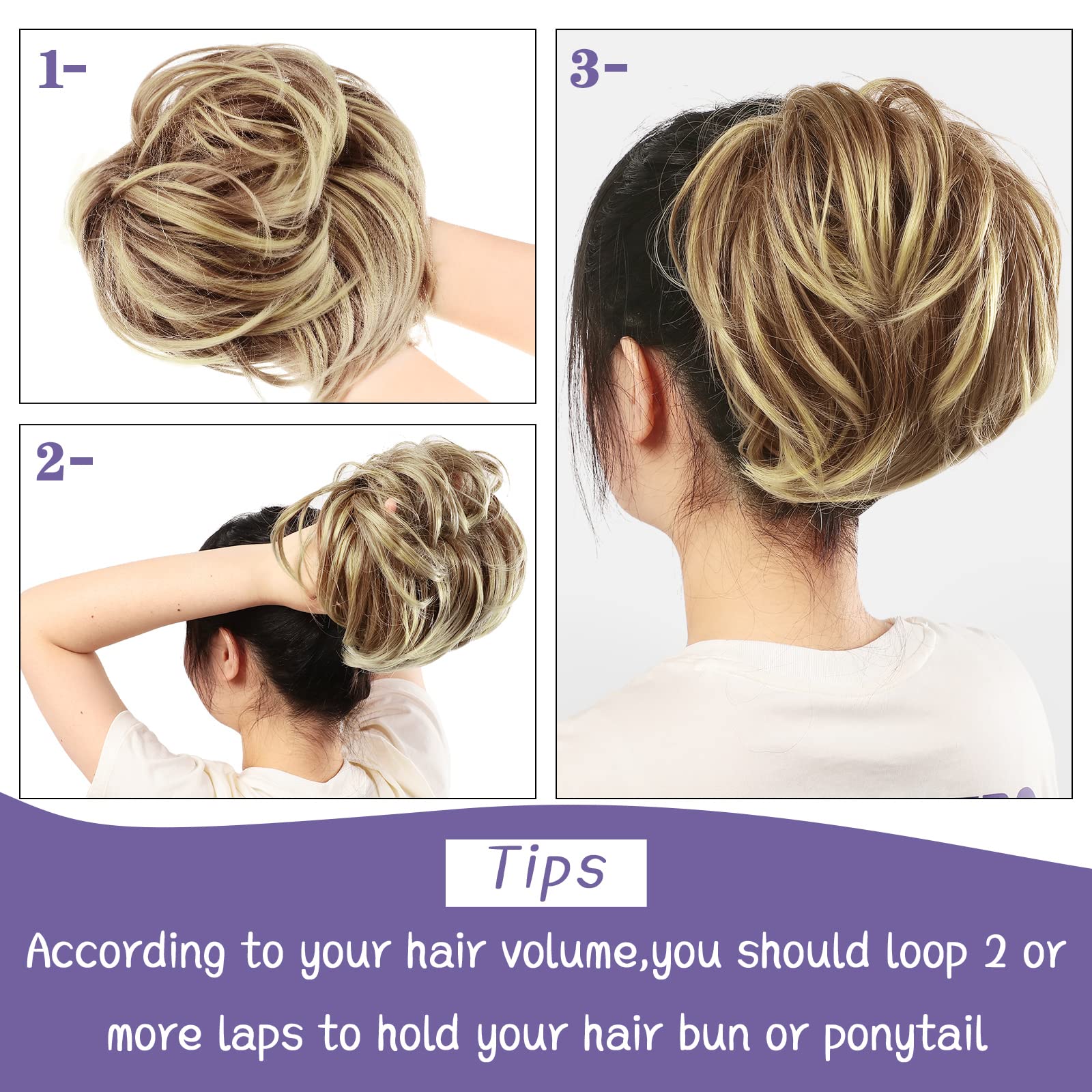 WILLBOND 4 Pcs Messy Hair Bun Hairpiece Tousled Updo for Women Hair Extensions Straight Short Ponytail Elastic Scrunchies Curly Hair Accessories (Brown mix Blond/12H24,Basic Style)