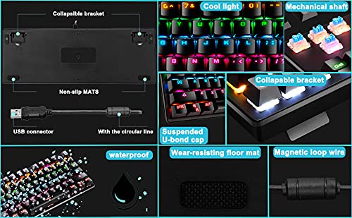 Wired Gaming Keyboard and Sets 87 Keys Rainbow Backlit Mechanical Keyboard ,RGB Backlit 6400 DPI Lightweight Gaming Mouse, Mouse Pad (Black)