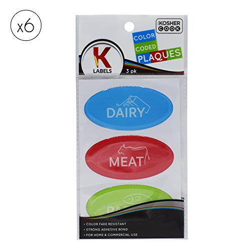 6 Kosher Plaques and Labels โ 2 Blue Dairy, 2 Red Meat, 2 Green Parve - Self Adhesive, Color Fade Resistant โ Color Coded Kitchen Stickers by The Kosher Cook