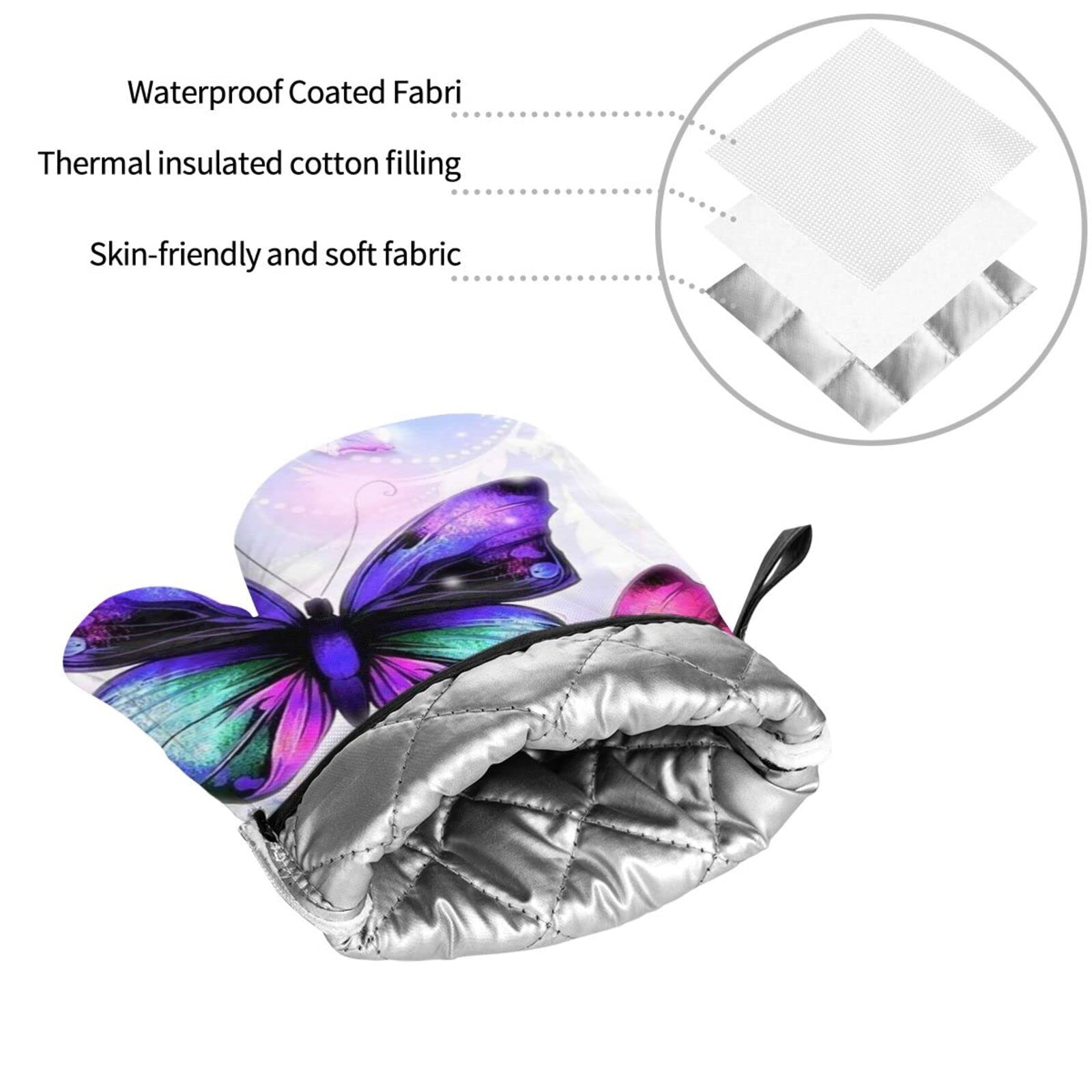 4-Piece Oven Glove and Pot Holder,Purple Butterfly (2),Heat-Resistant Oven Glove and Pot Holder,Can Be Used for Cooking and Grilling