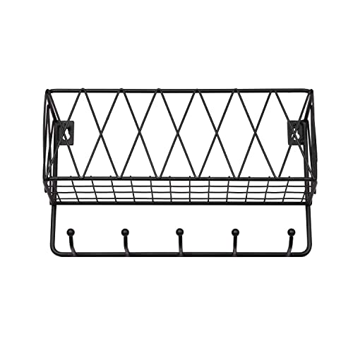 OROPY Mail Holder with Key Hooks, 11in L×3.1in W×6.1in H, Wall Mounted Matte Black Metal Wire Mesh Storage Basket with 5 Hooks, Easy to Organize Letters, Magazines, Keys, Leashes for Entryway