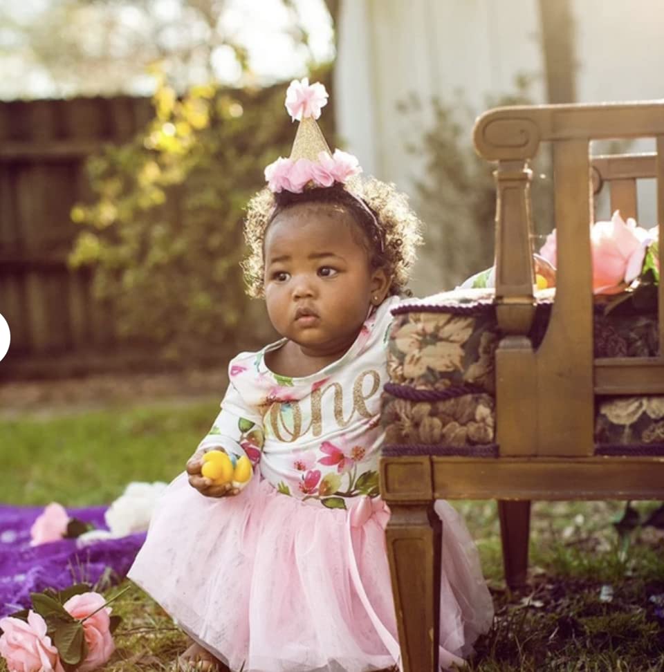 Grace and Lucille 1st Birthday Dress - White Floral Long Sleeve Dress with Pink Tutu, Gold Script (6-12 Months)
