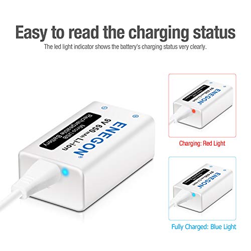 ENEGON 9V Direct USB Rechargeable Lithium-ion 650mAh Batteries with 2 in 1 Micro USB Cable for Wireless Microphone, Smoke Alarms, Electronic Toys, Walkie-Talkie and More Devices (4 Pack)