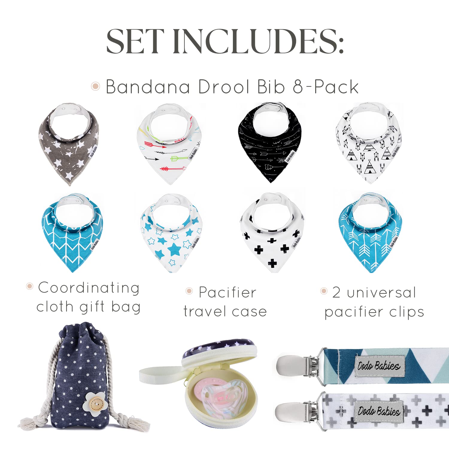 Dodo Babies Bandana Drool Bib Set – Eight 100% Cotton Bibs with Soft Polyester Lining, 2 Pacifier Clips, Binky Case, Blue Gift Bag for Baby Girl or Boy Shower – Adjustable Snap Fit for 3-24 Months
