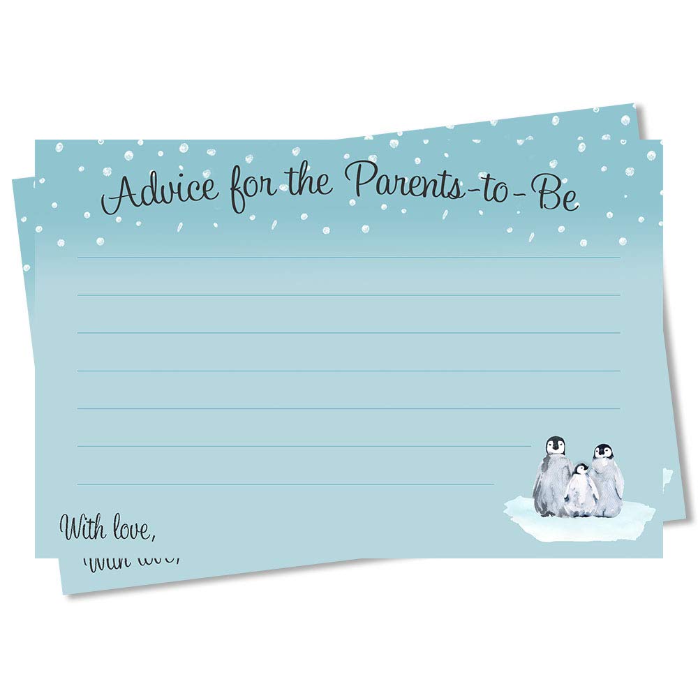 Penguin Baby Shower Advice Cards Winter Sprinkle Little Notes White Blue Snow Words of Wisdom Co-Ed Family Guys and Gals Gender Neutral Unisex It's a Girl Boy Family Waddle on Over (24 count)
