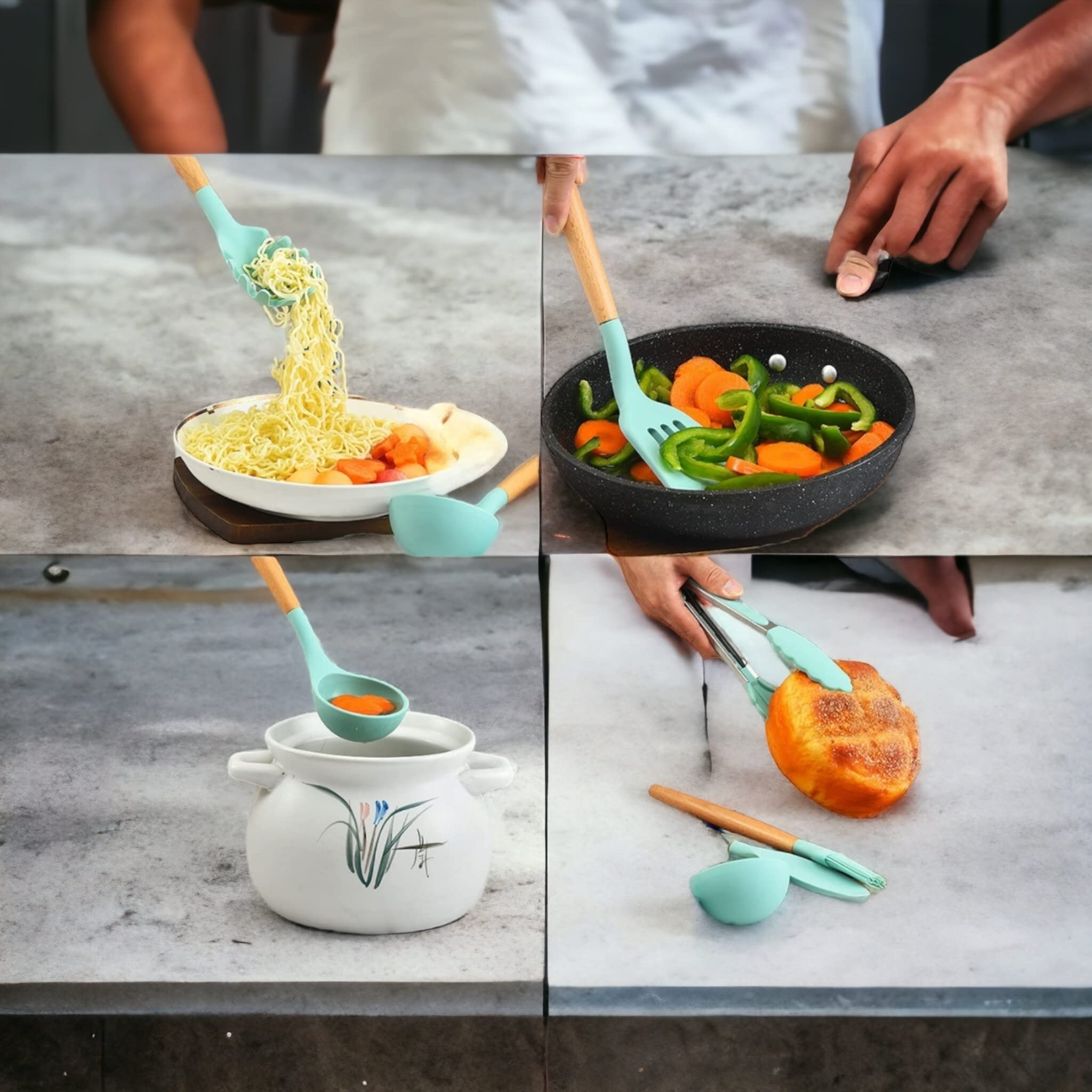 33 pieces.β Kitchen Utensils Set for cooking. Comes with 5 kitchen cleaning cloths, Utensil set with holder, spatula, so gadgets, silicone kitchen utensils wood handle.