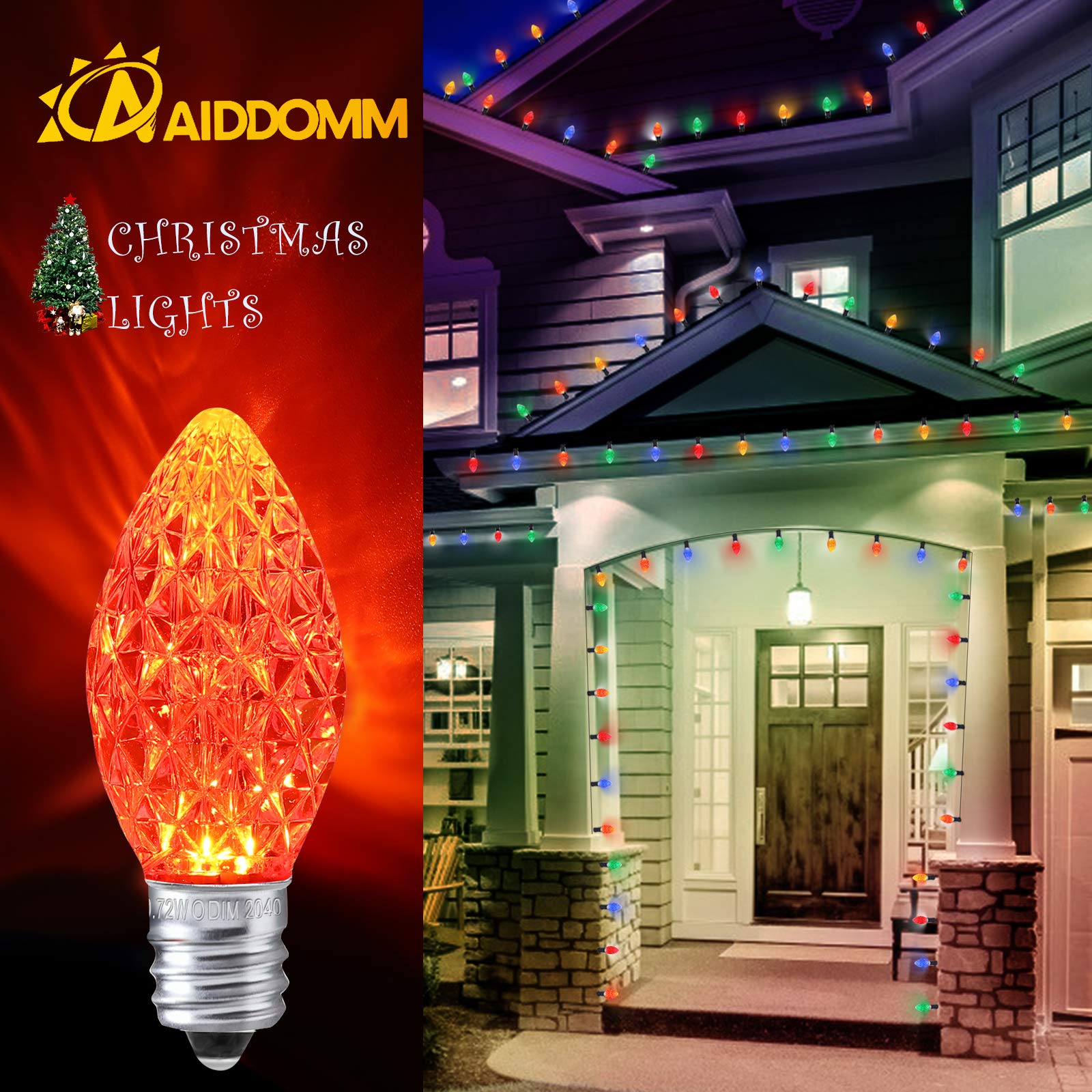 25 Pack C7 Red LED Replacement Christmas Light Faceted Bulbs, 0.72W, 2 SMD LEDs in Each Light Bulb for Christmas Village, Night Lights, E12 Base, Commercial Grade Replacement Bulbs Dimmable Waterproof