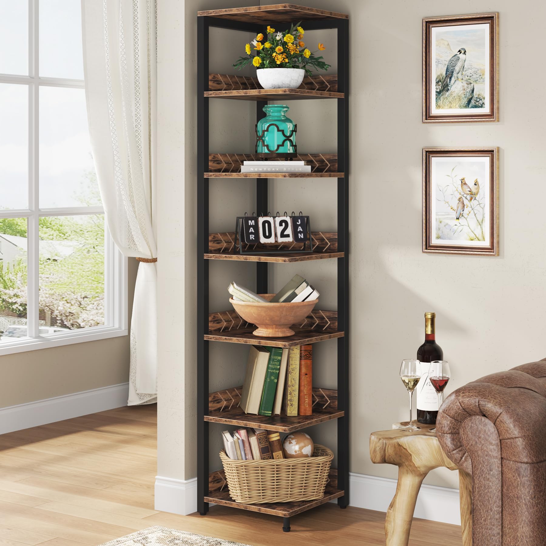 Tribesigns 6-Tier Corner Shelf, 76.77-Inch Tall Narrow Bookshelf Storage Rack, Etagere Shelves Display Stand for Small Spaces, Rustic Open Bookcase Corner Square Shelf Tower for Living Room, X1