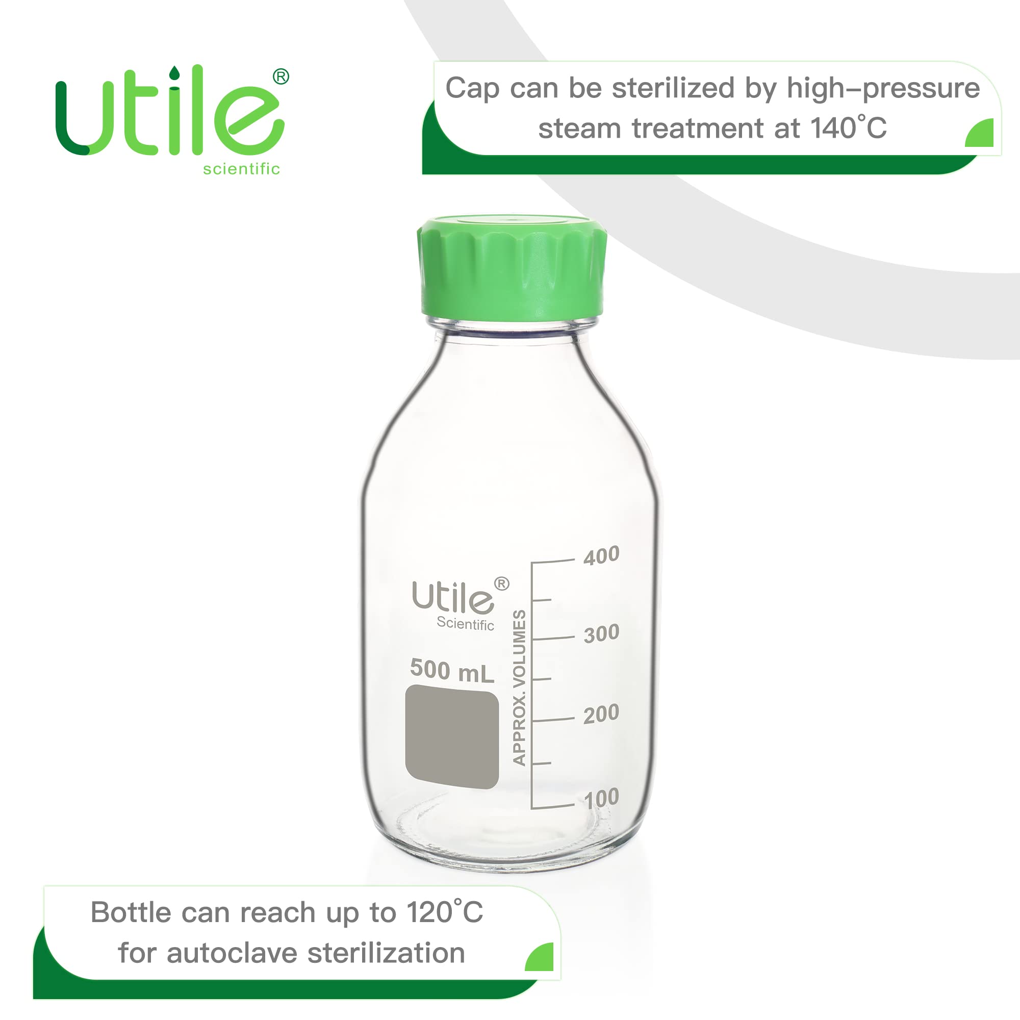 Utile Media Bottle, 3.3 Borosilicate Glass Bottles with GL45 Screw Caps, 4pcs of 500ml(16.9oz) Lab Media Bottles, PP Material Media Storage Bottle, 4038.0500.4