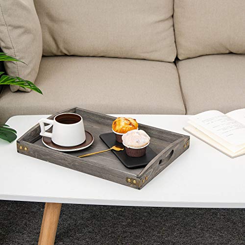 VERGOODR Country Farmhouse Rustic Wood Nesting Dinning Breakfast Serving Trays with Wood Handles, Set of 3,Can Put Food, Fruit, Plates|Ottoman Decorative Coffee Table Tray (Rock Grey)