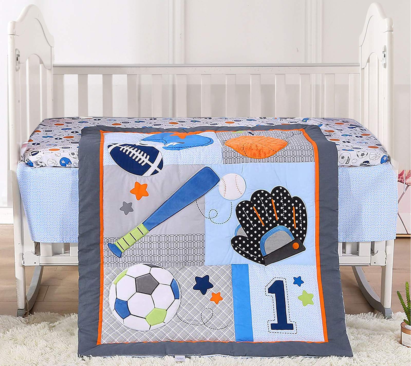 VIVILINEN Baby Crib Bedding Set for Boys 3 Pieces Blue Sports Baseball Originals Soft Toddler Nursery Bedding Sets