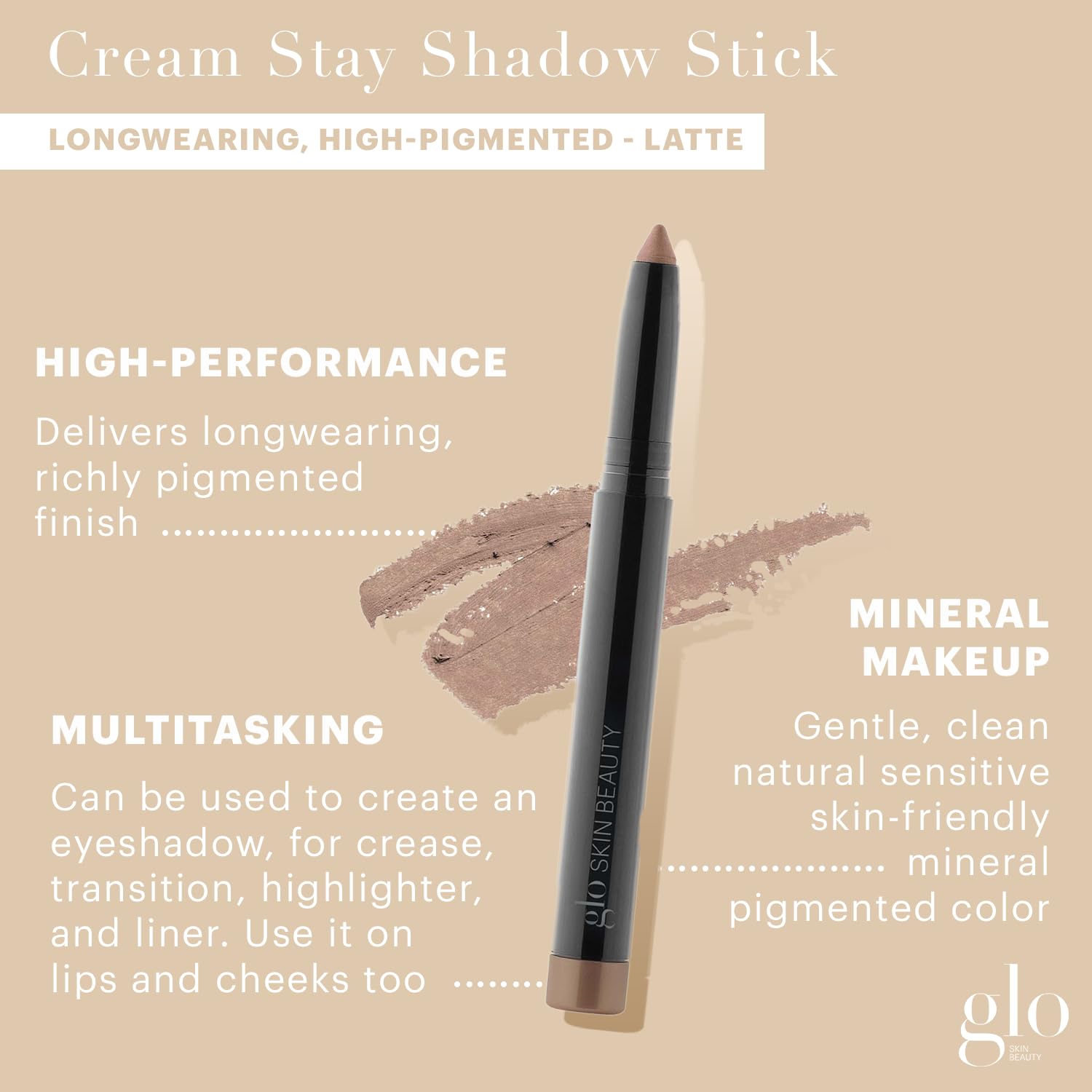 Glo Skin Beauty Cream Stay Shadow Stick (Latte) - Multi-Purpose Eyeshadow Mineral Makeup Can Also Be Used as Liner on Lips or Cheeks, 12-Hours of Wear