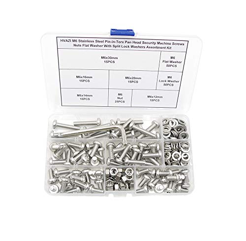 HVAZI M6 Stainless Steel Pin-in-Torx Pan Head Security Machine Screws Nuts Flat Washer with Split Lock Washers Assortment Kit