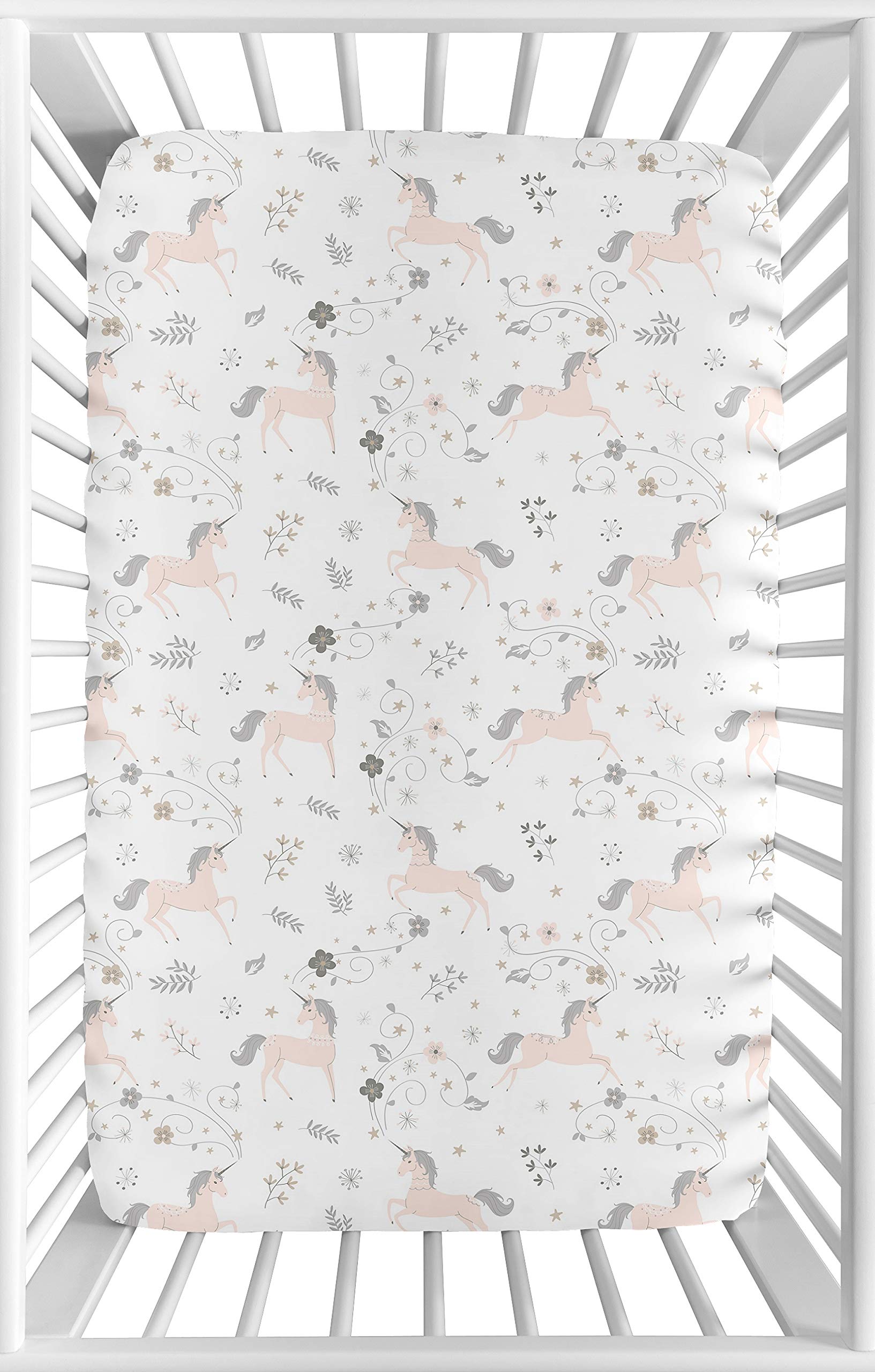 Sweet Jojo Designs Pink, Grey and Gold Baby Girl Fitted Mini Portable Crib Sheet for Unicorn Collection - for Mini Crib or Pack and Play ONLY