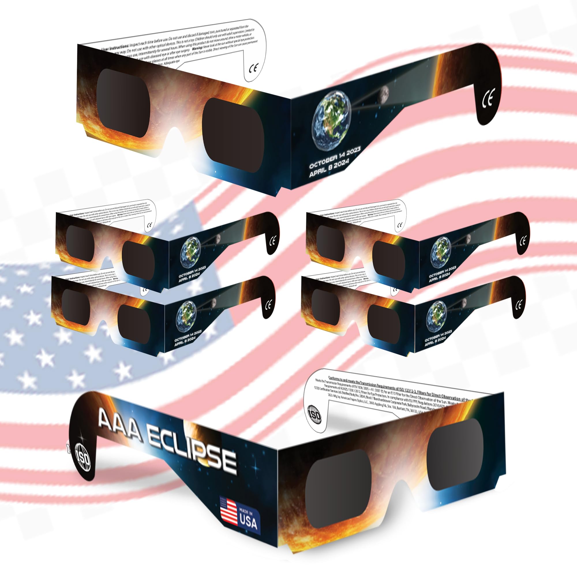 AAA Eclipse (6 PACK Solar Eclipse Glasses AAS Approved 2024 - Made in USA - ISO Certified 12312-2 & CE Certfied Direct Solar Eclipse Viewing Glasses
