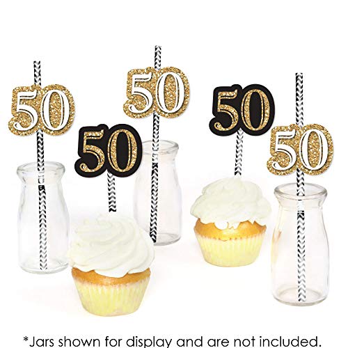 Adult 50th Birthday - Gold - Paper Straw Decor - Birthday Party Striped Decorative Straws - Set of 24