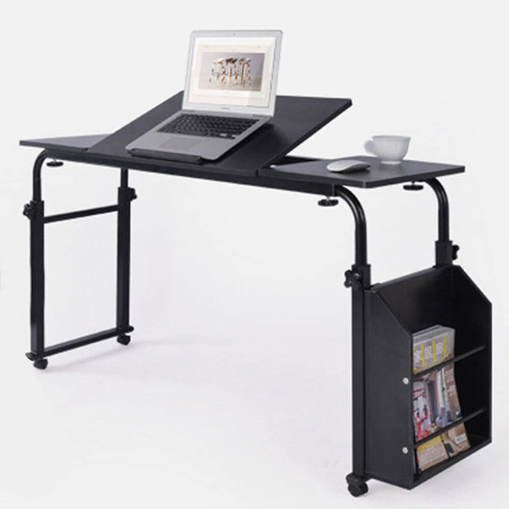 JAYEUW Multifunctional Computer Desk, Overbed Table Laptop Desk, Height+Length Adjustable Standing Desk, Movable Study Writing Desk w/Wheels, Adjustable Table Top+Storage Shelf (US Stock)