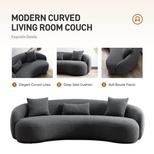 Acanva Mid Century Modern Curved Living Room Sofa, 4-Seat Boucle Fabric Couch for Bedroom, Office, Apartment, Dark Grey