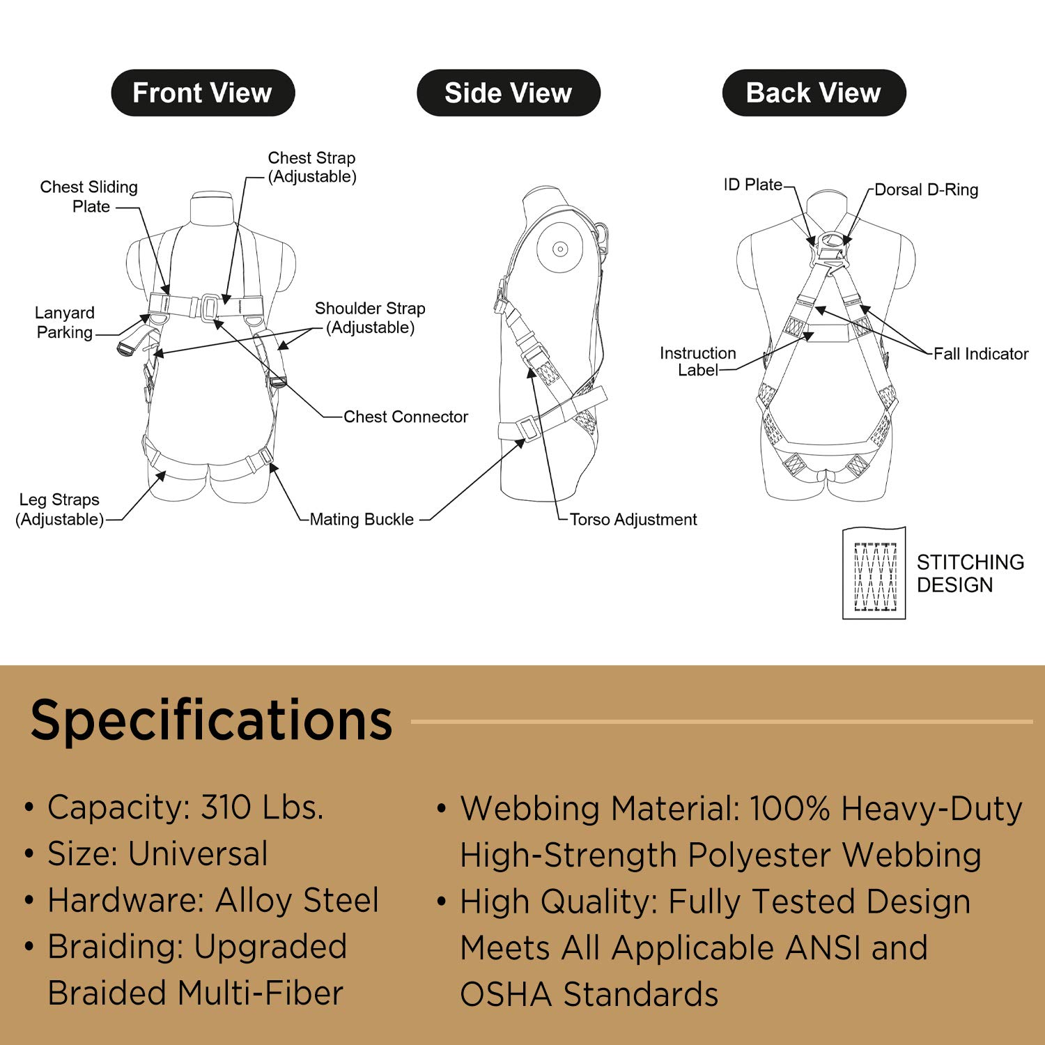 AFP Universal Full-Body Fall Protection Safety Harness with Dorsal D-Ring and Mating Buckle Legs | High-Visibility Green | Shock Absorbing Lanyard & Tool Lanyard (OSHA/ANSI)